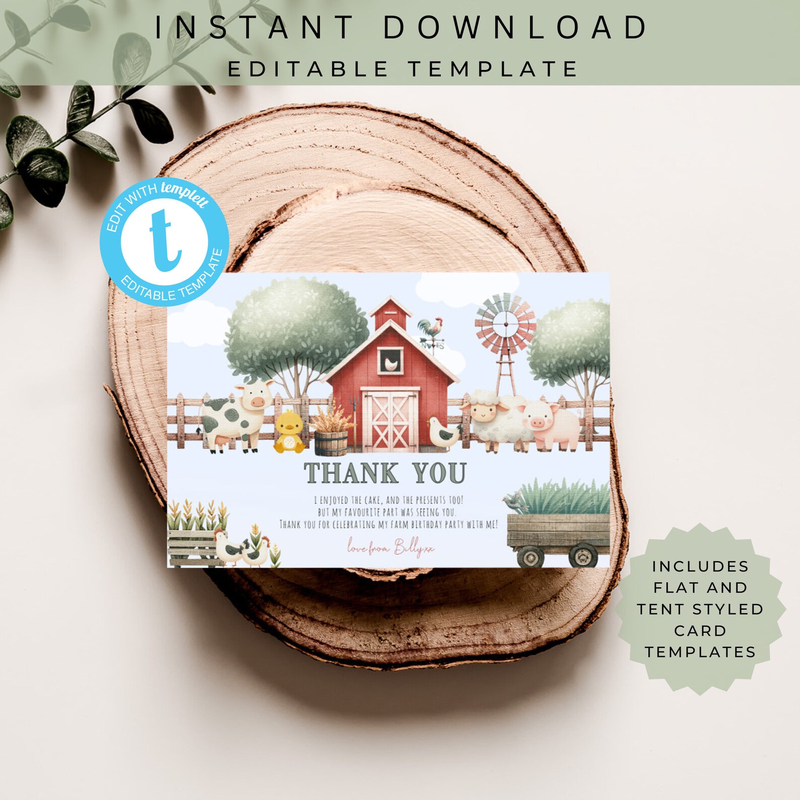 Farm Animal Thank You Card | Barn Yard Bash Birthday Party | Editable ...