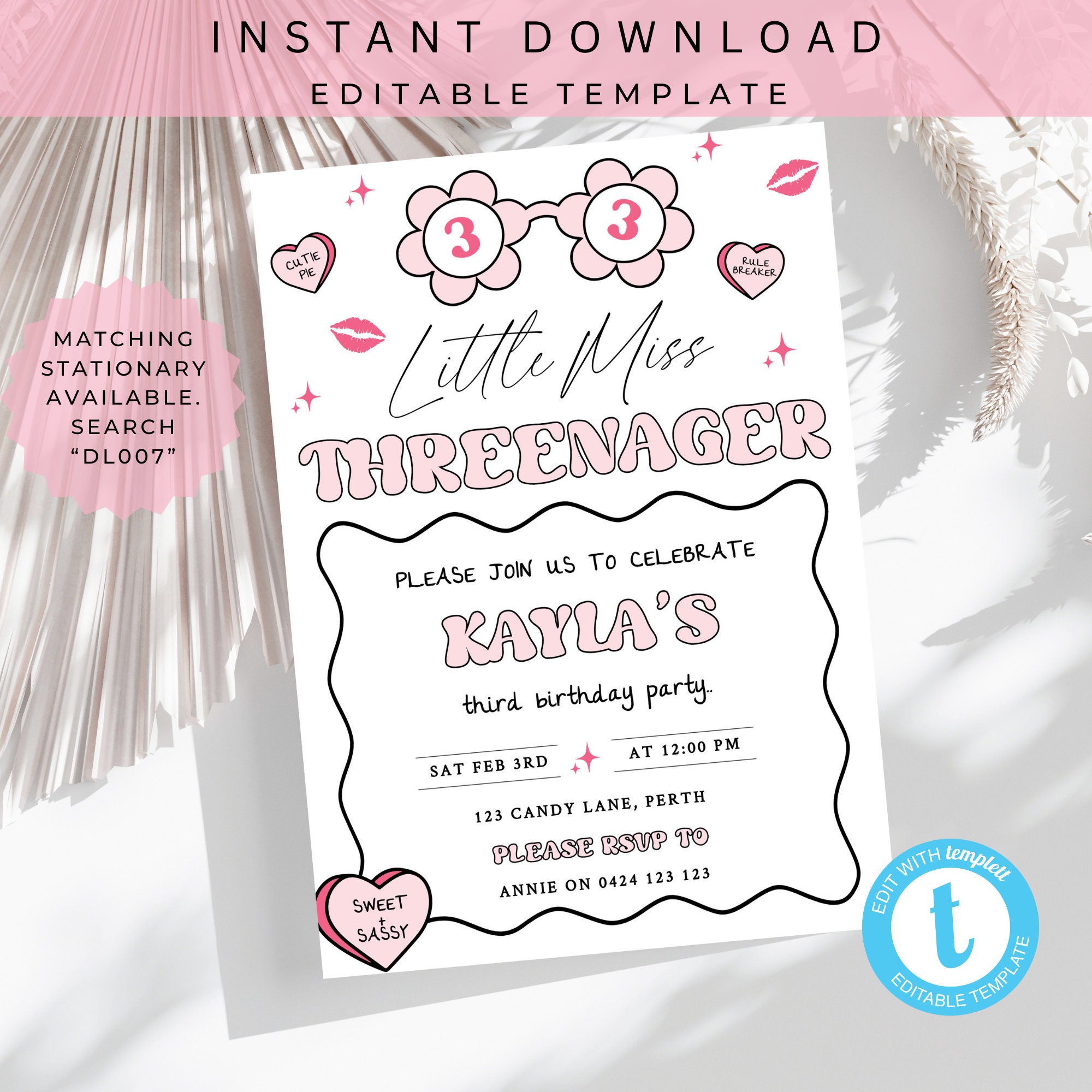 Threenager Third Birthday Invitation | Little Miss Invite | Digital ...