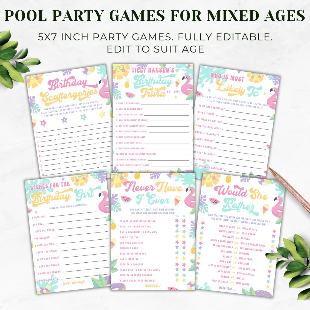 Kids Birthday Party Game Bundle | Pool Party Activities | Editable All ...