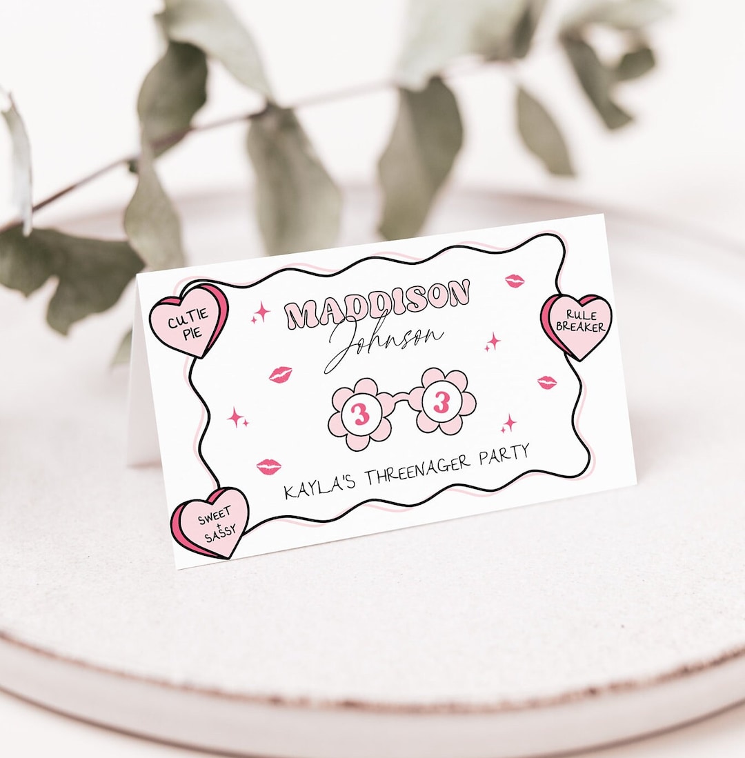 EDITABLE Retro Place Cards | Girls 3rd Birthday Template | Pink Groovy ...