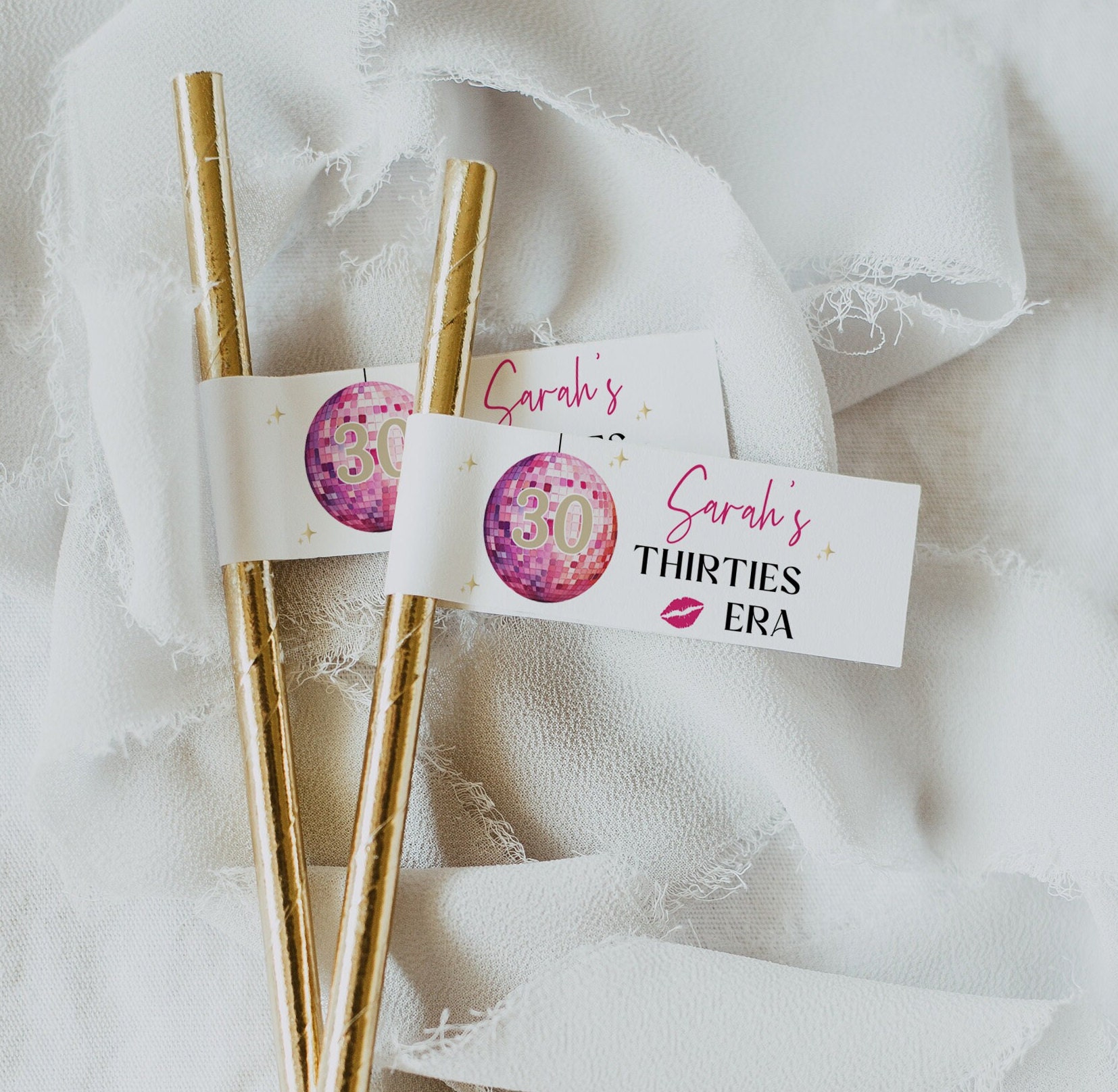 Pink Disco Straw Tag Template | Custom Party Favor Straw Flag ...