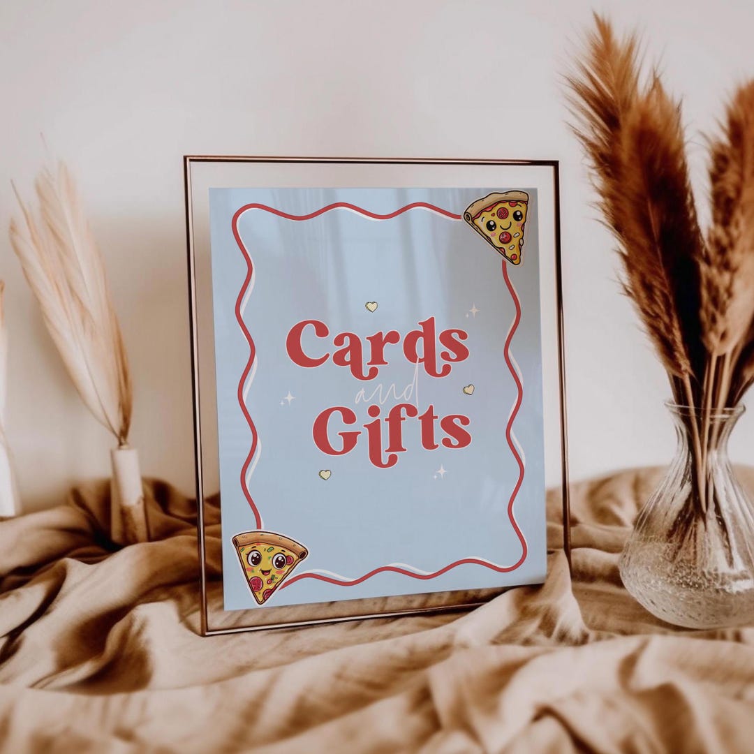 Pizza Cards and Gift Table Sign Template | Vintage Blue Table ...