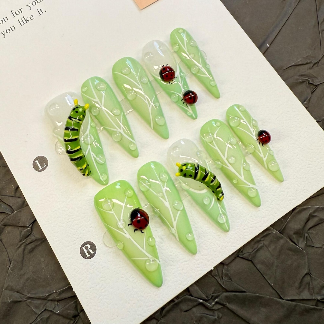3D Ladybug & Caterpillar Nails | Hand Painted Insect Press Ons | Teal ...