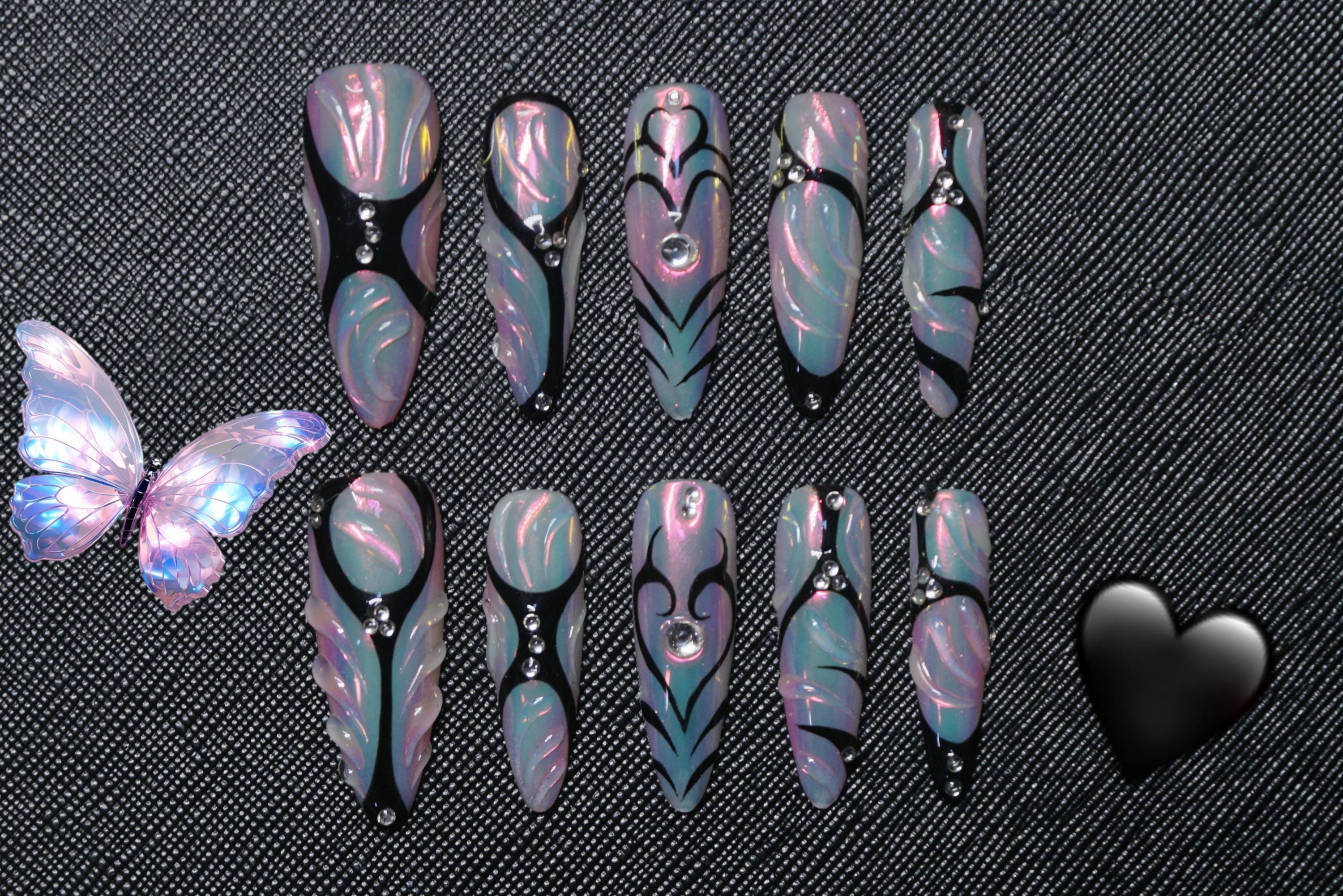 Silver Chrome Y2K Aespa-inspired Custom Hand-painted Press-on Nails ...
