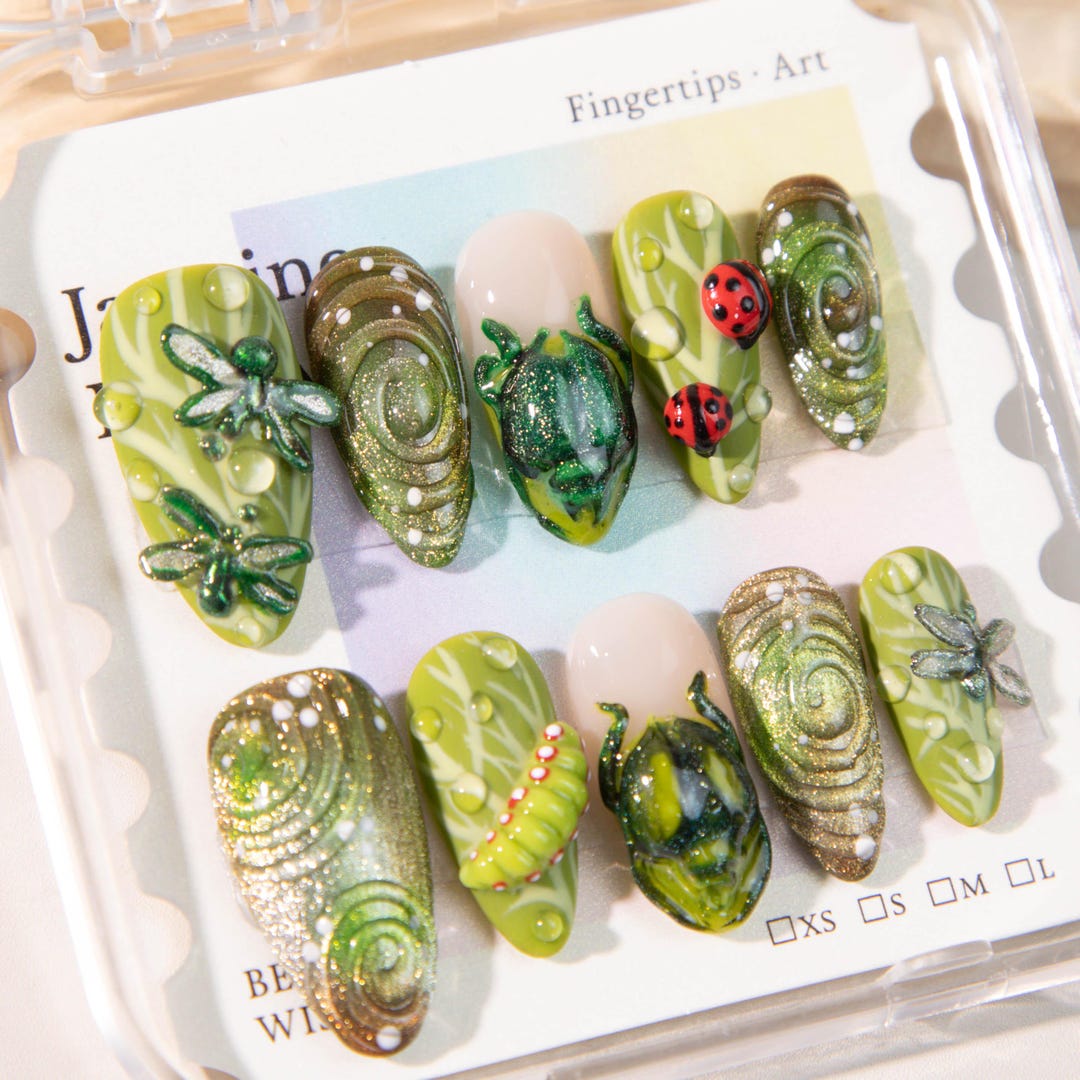 3D Green Forest Insect Press on Nails – Handmade Nature Nail Art With ...