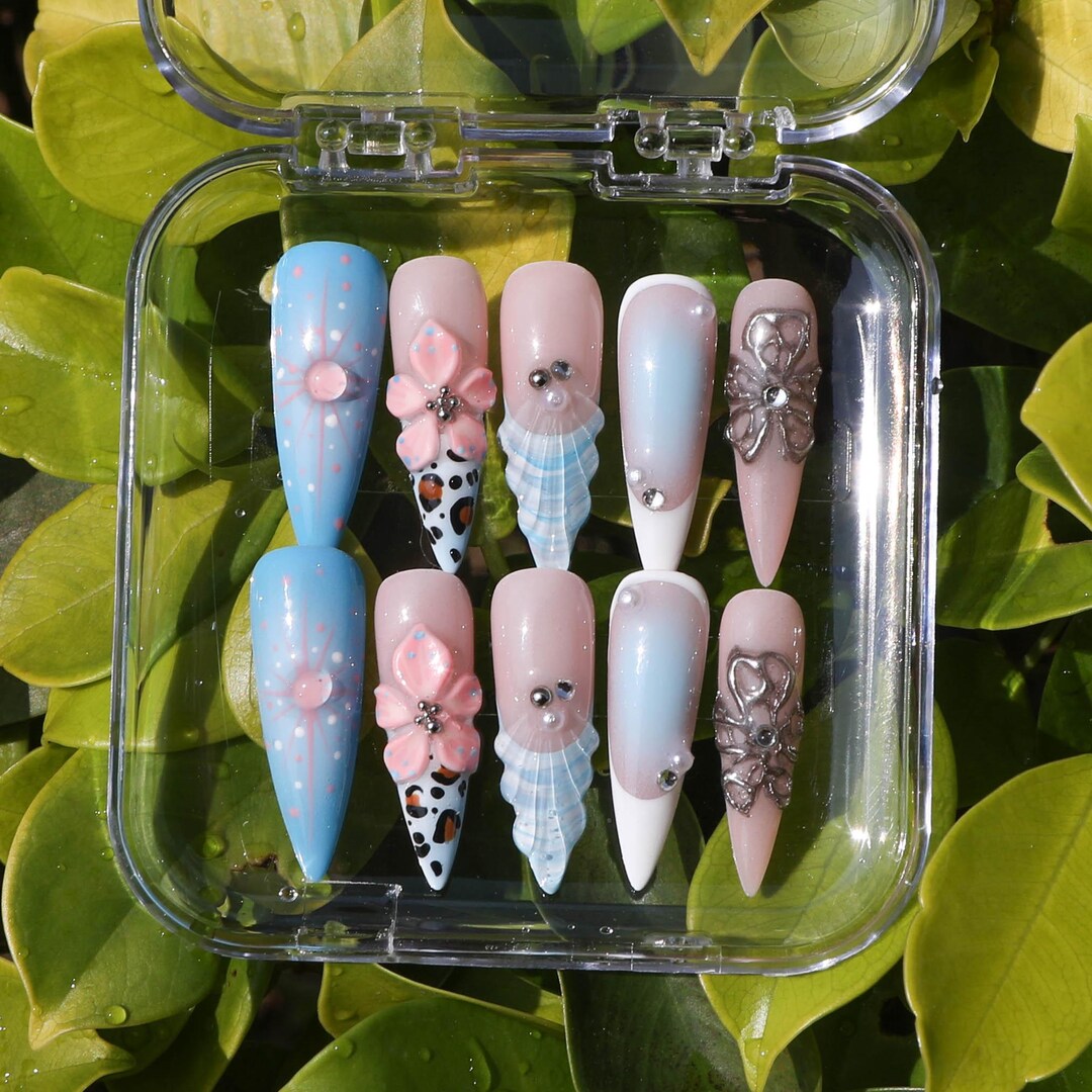 3D Gel With Blue French Tip Press on Nais|sliver Metal Flowers Nails ...