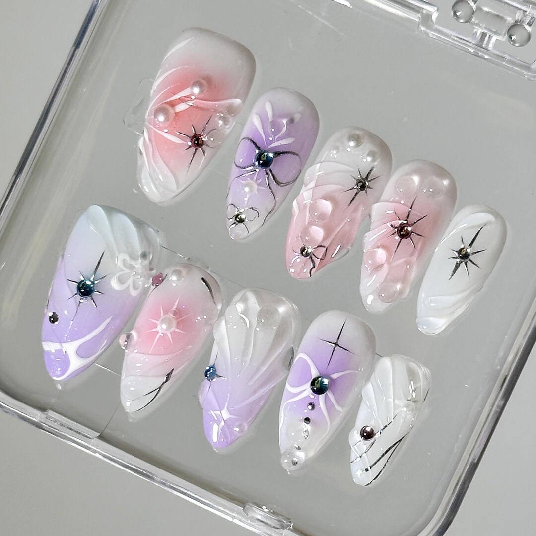 Elegant Blue & Pink Blush Nails | 3D Gel Design Nails Art | Cute Bows ...