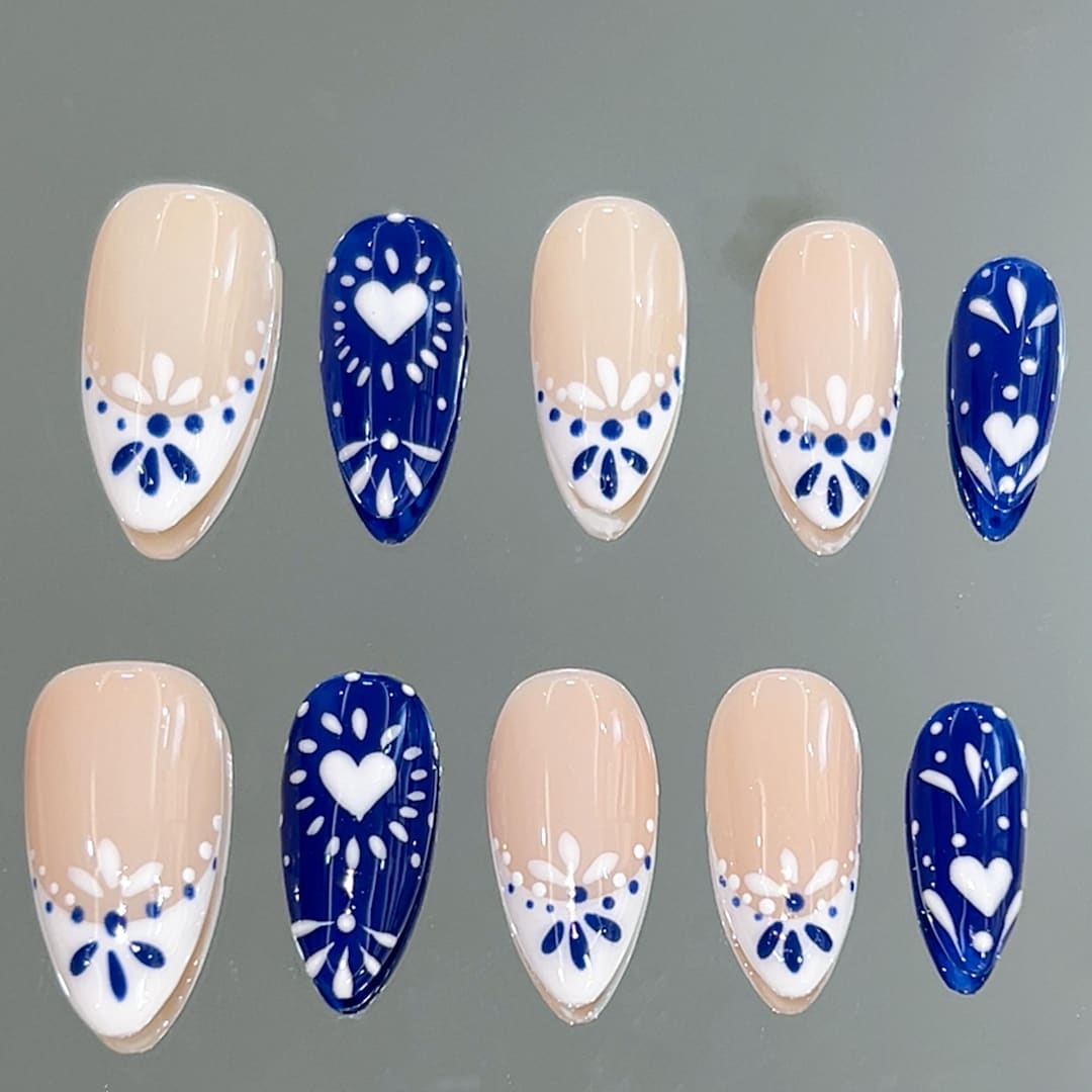 Hand Painted Greece Style Press on Nails | Elegant Almond False Nails ...