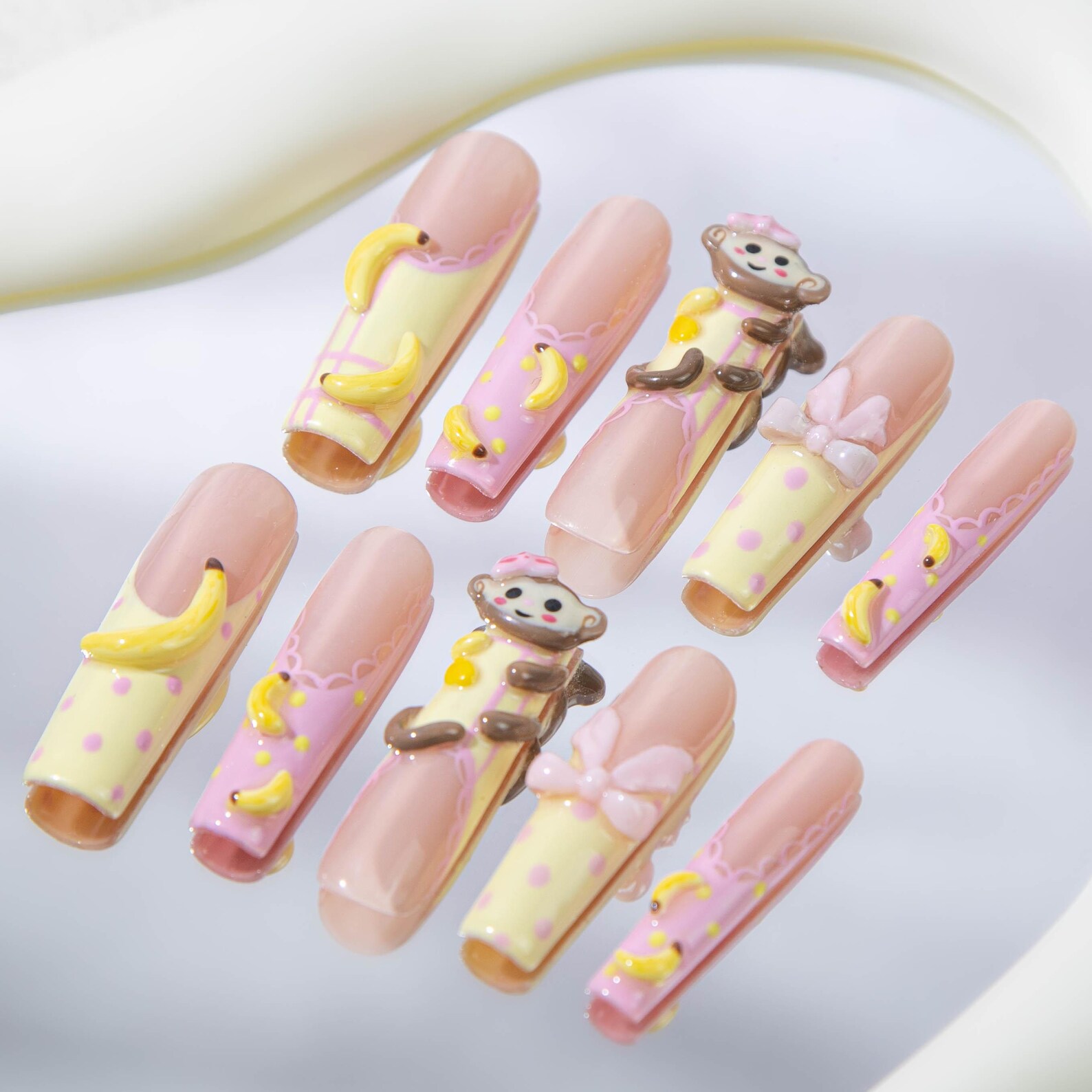 Kawaii Monkey Press on Nails | 3D Banana & Bow Nail Art | Cute Cartoon ...
