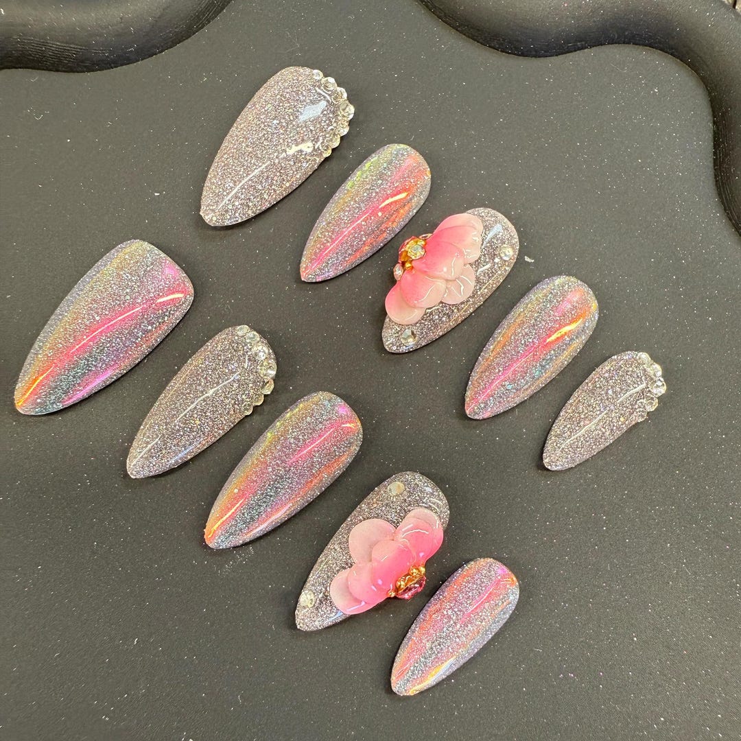 Neon Cat Eye Press on Nails: 3D Flower, Butterfly & Japanese Style - Etsy