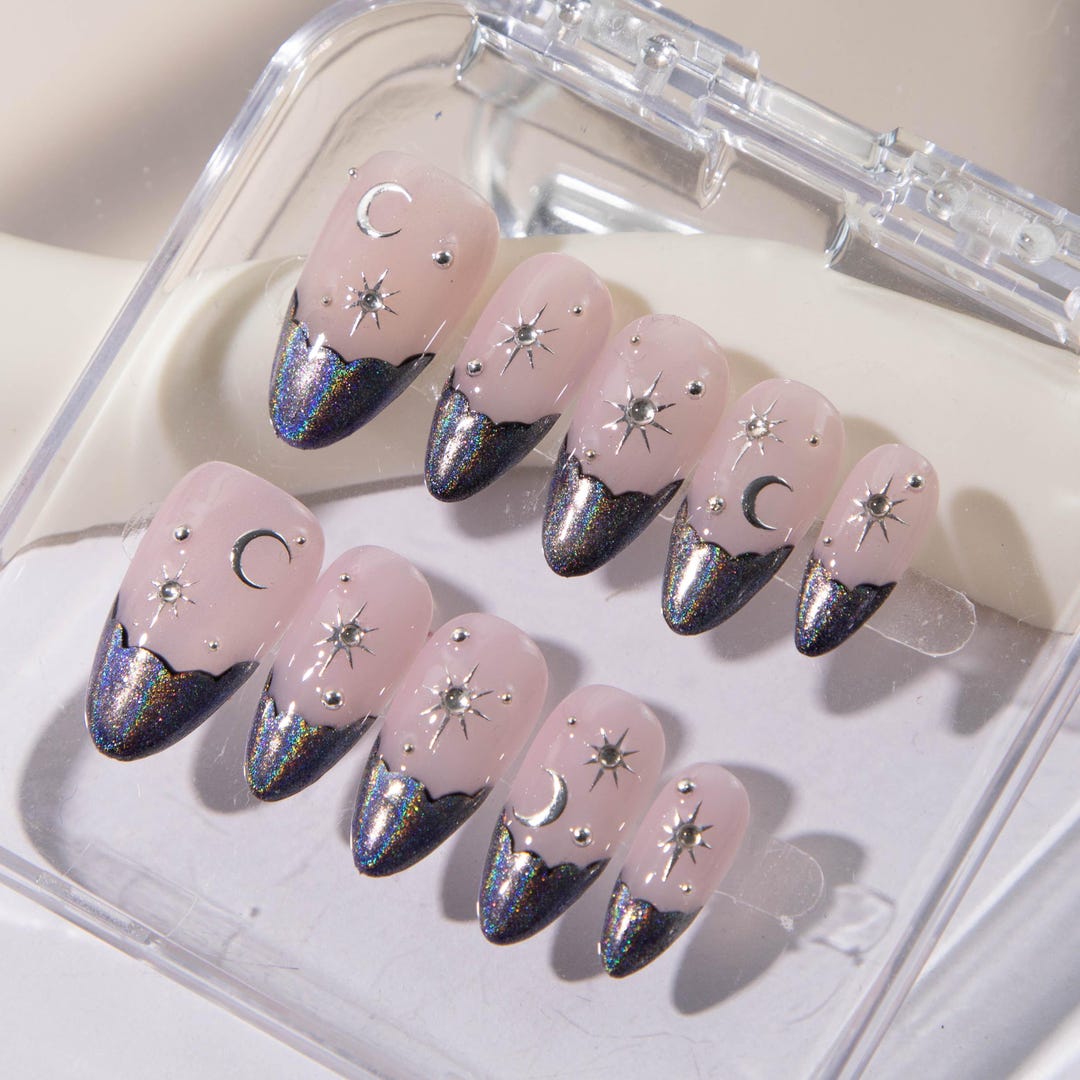 Rainbow Laser Cat Eye Press on Nails: Silver Starburst French Tip - Etsy