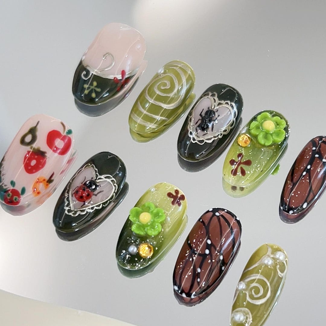 Hand-painted Nails |party Nails |bugs Press on Nails |hand-painted 3D ...