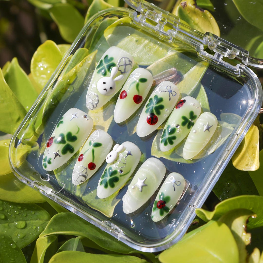 Hand Drawn Four Leaf Clover and 3d Cute Bunny Medium Almond Press on ...
