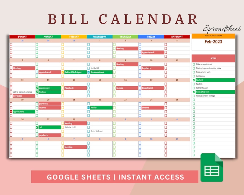 Bill Tracker Spreadsheet Google Sheets Bill Calendar Monthly - Etsy