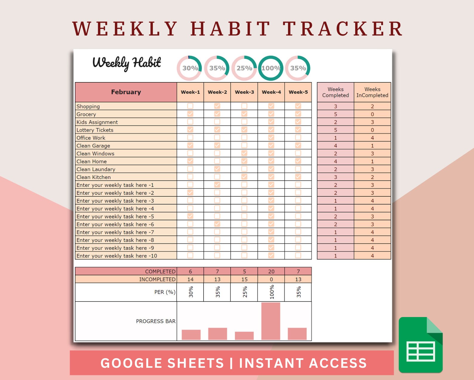 Habit Tracker Google Sheets Template Productivity Planer Spreadsheet ...