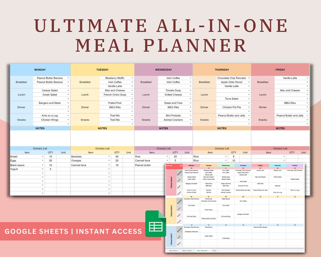 Weekly Meal Planner and Grocery List Google Sheets Digital Template ...