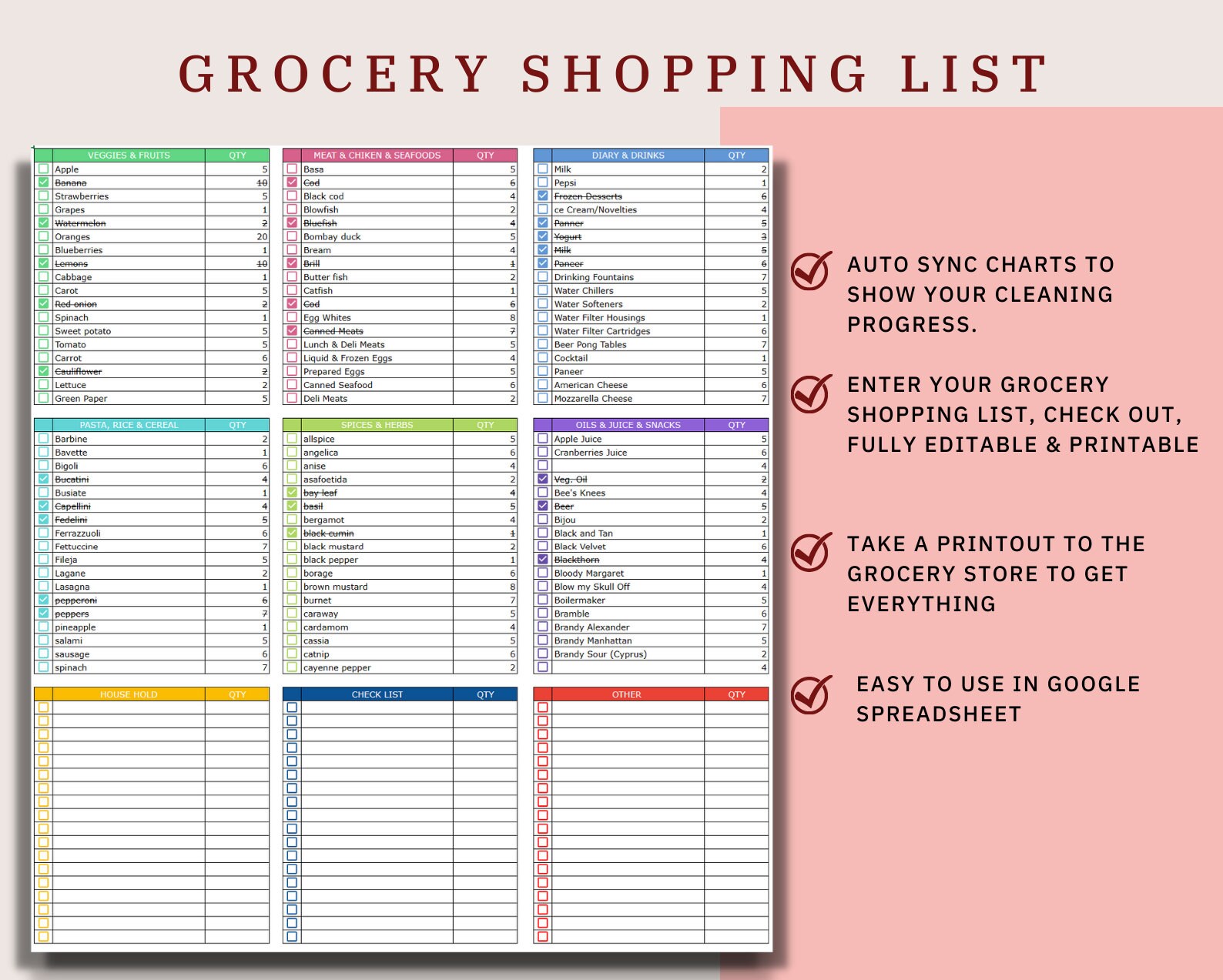 Grocery List Editable Google Sheets Template Printable Shopping List ...