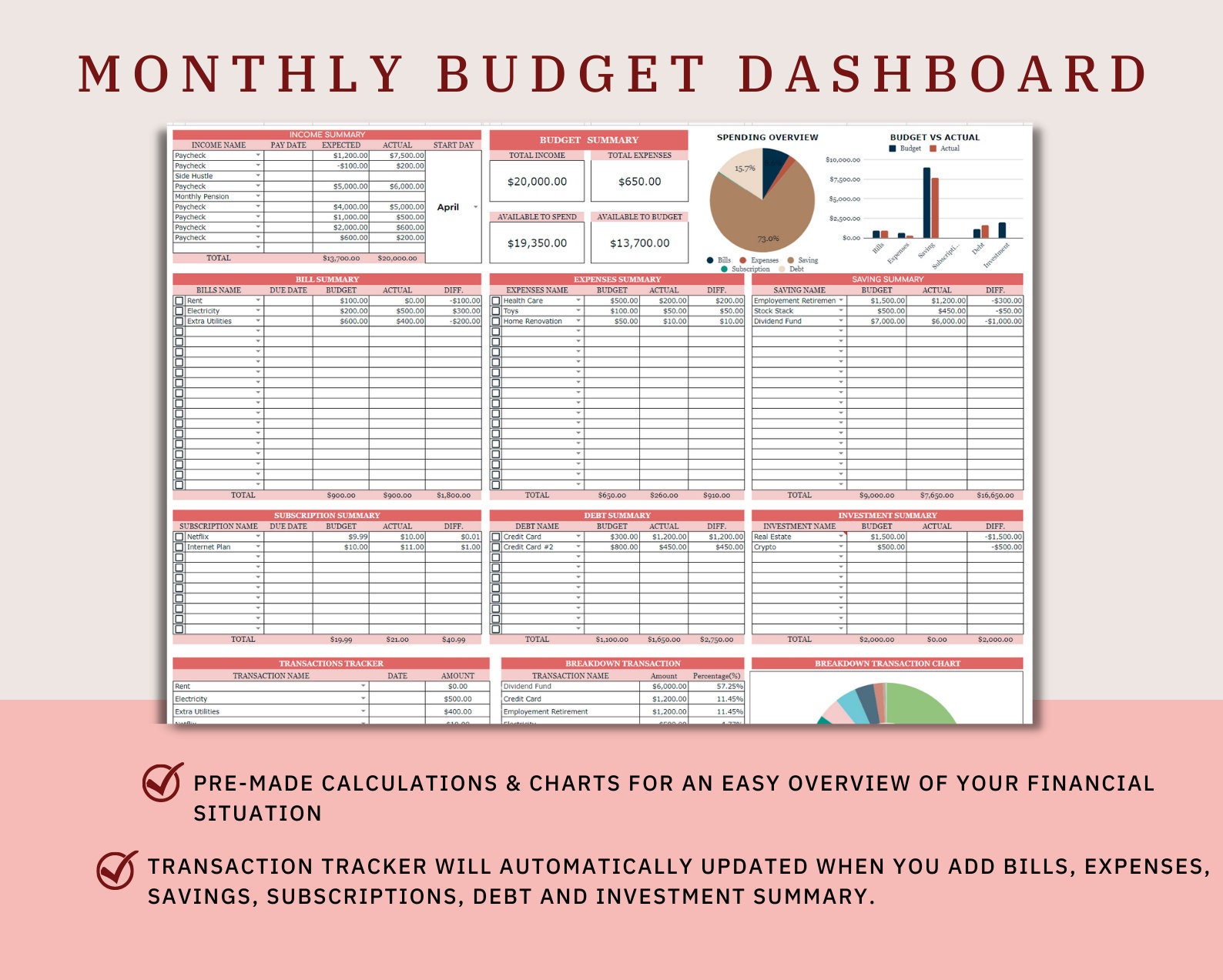 Monthly Budget Spreadsheet Template for Excel Budget Sheet - Etsy UK