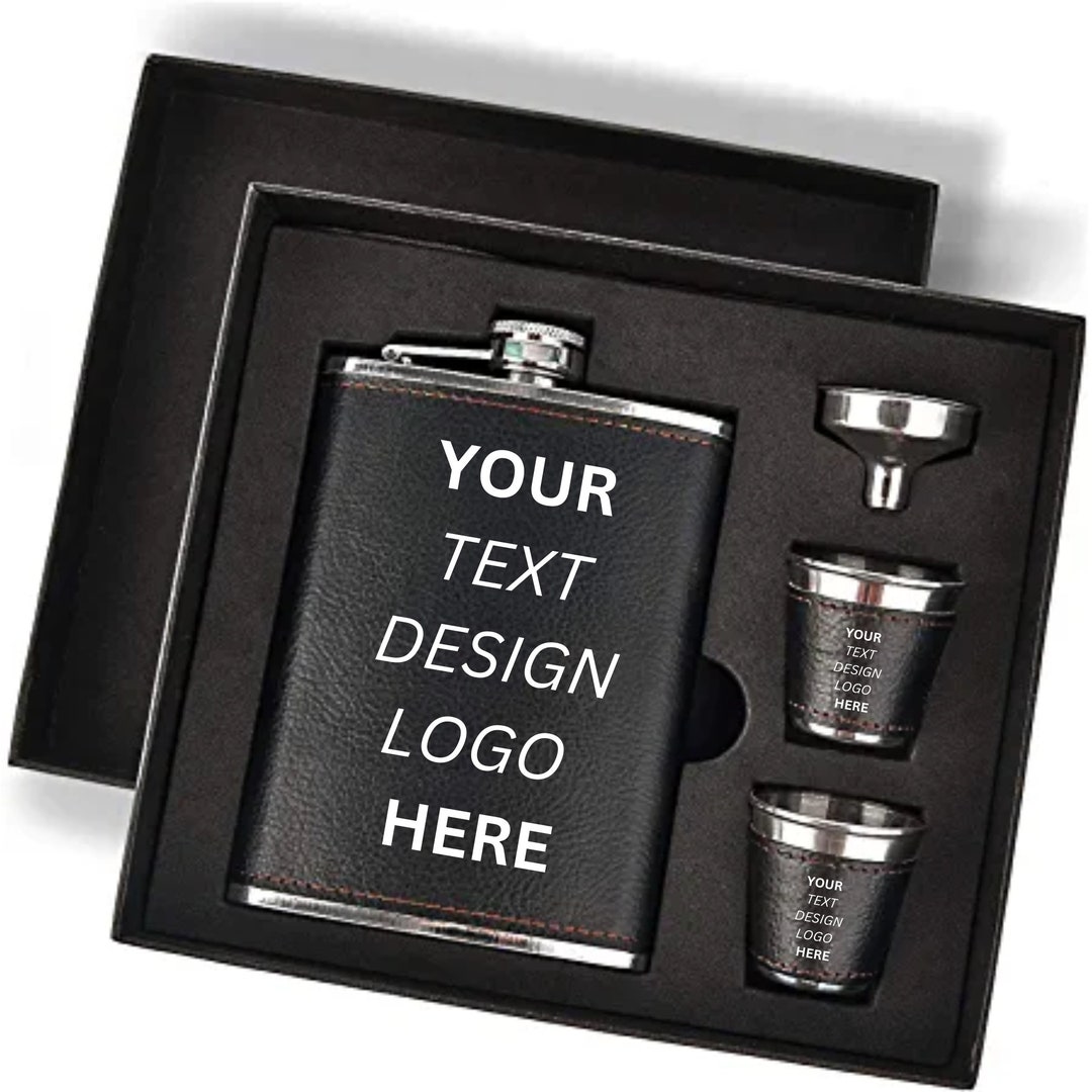 Laser Engraved Flask Gift Set W/ Black Leather Cover, 2 Cups and Funnel ...