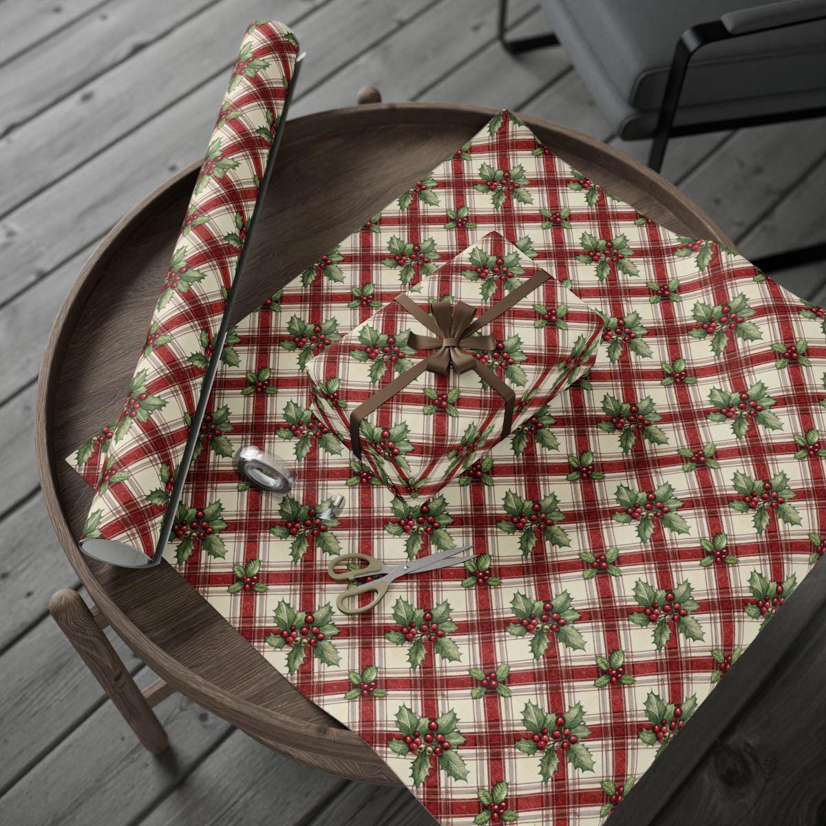 Red Plaid Wrapping Paper: Holiday Holly Berry Print - Etsy