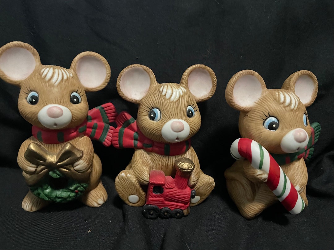 Homco VTG Christmas Mice Set 3 Porcelain Figurines 5210 Train Wreath ...