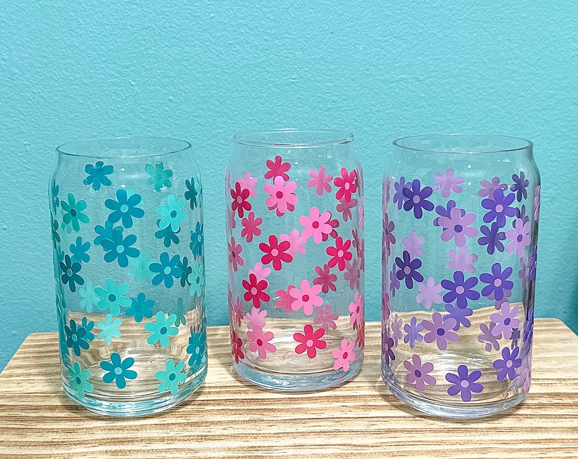 Purple Daisy Glass Cup, Mini Daisies, Cute Cup, Summer Cup, Can Glass ...