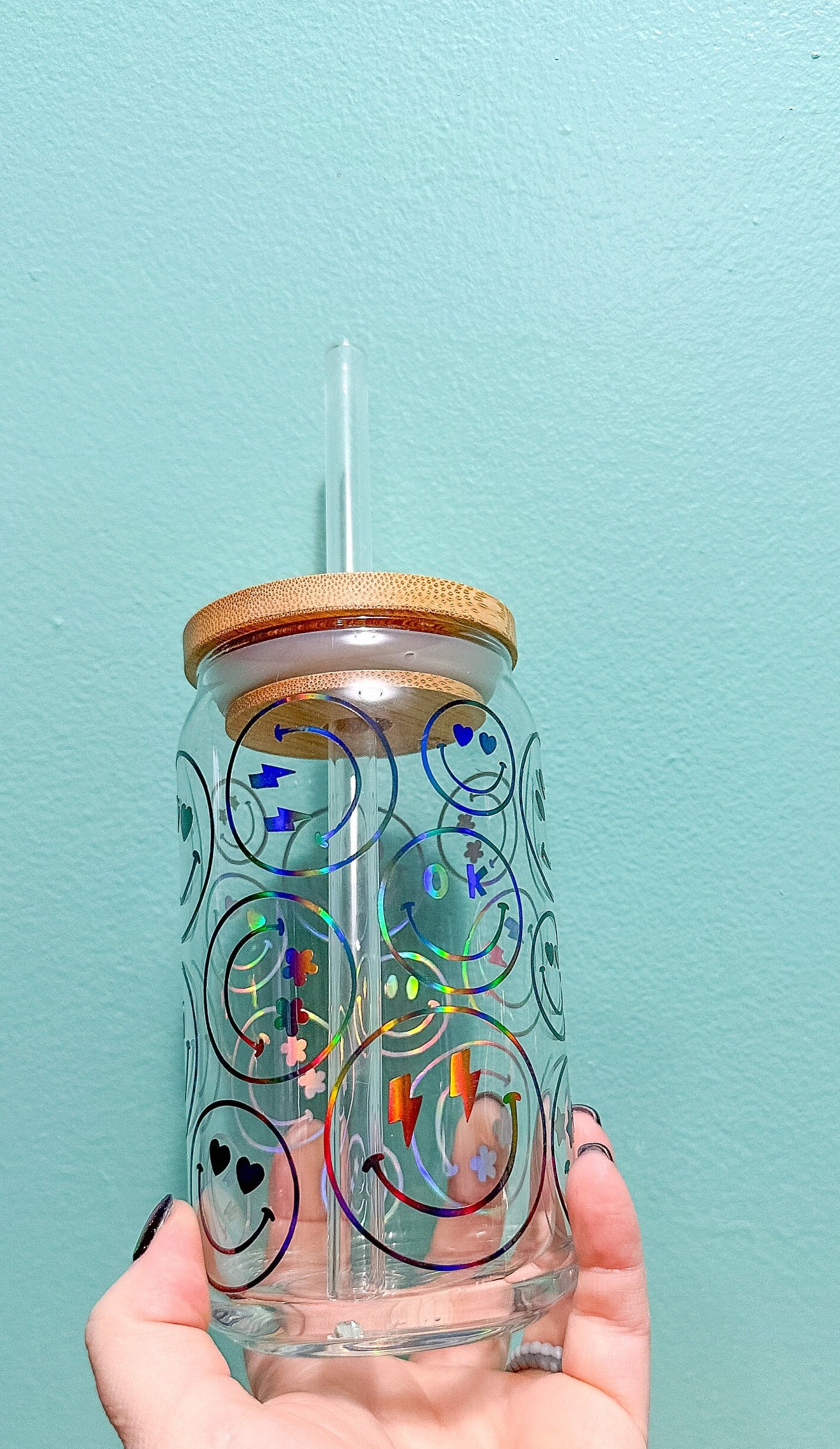 Smiley Face Cup Cute Glass Cup Holographic Smiley Cup Opal Smiley Cup ...