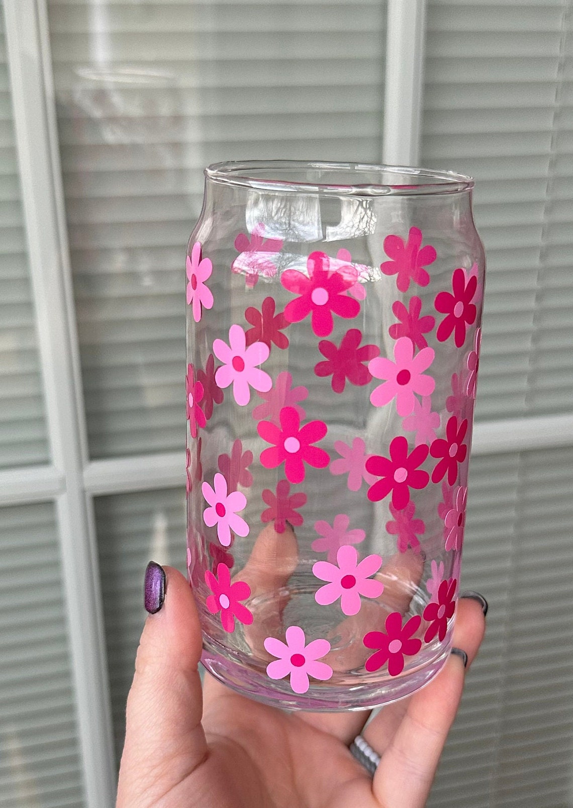 Pink Daisy Glass Cup, Mini Daisy Cup, Summer Glass Cup, Can Glass Cup ...