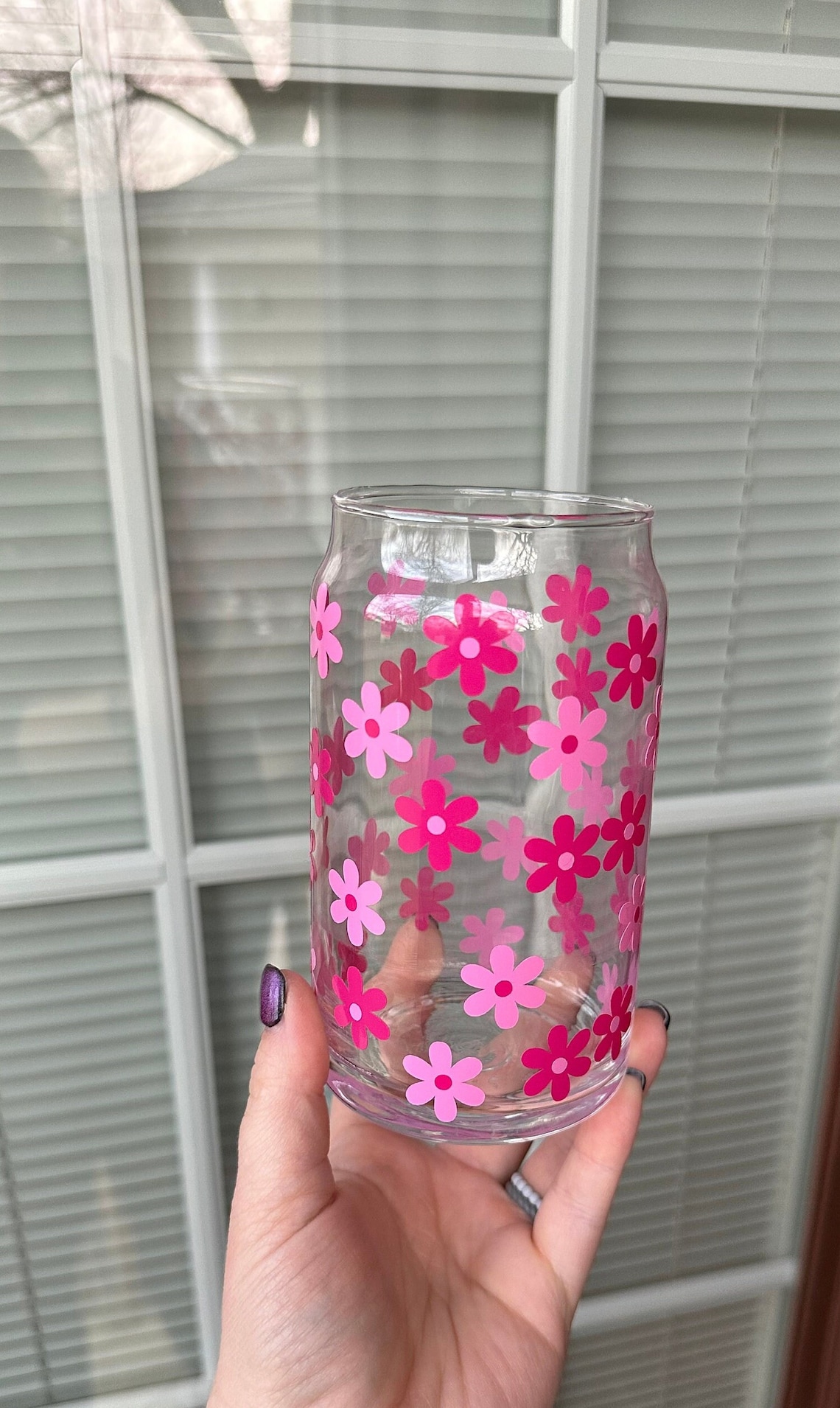 Pink Daisy Glass Cup, Mini Daisy Cup, Summer Glass Cup, Can Glass Cup ...