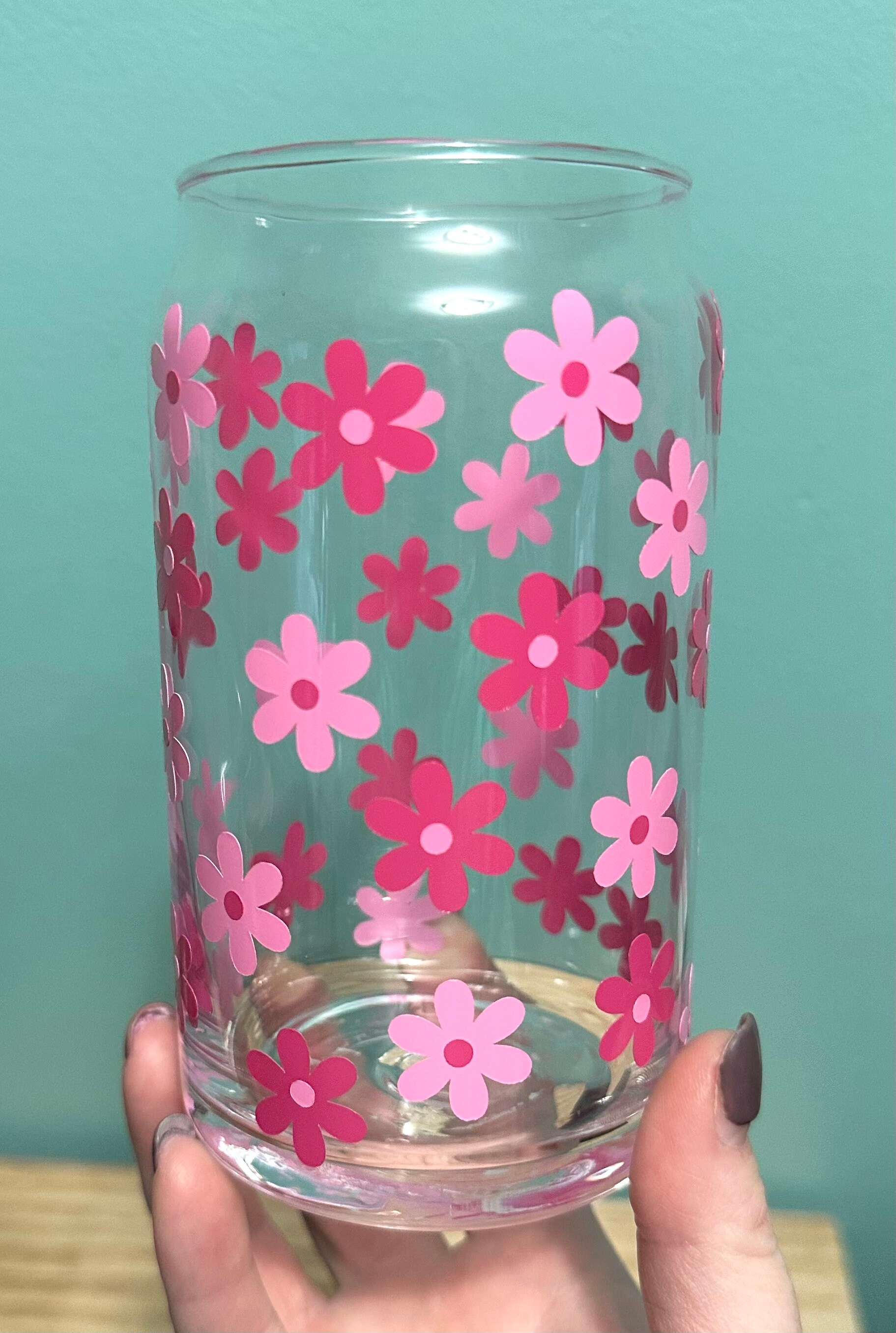 Pink Daisy Glass Cup, Mini Daisy Cup, Summer Glass Cup, Can Glass Cup ...