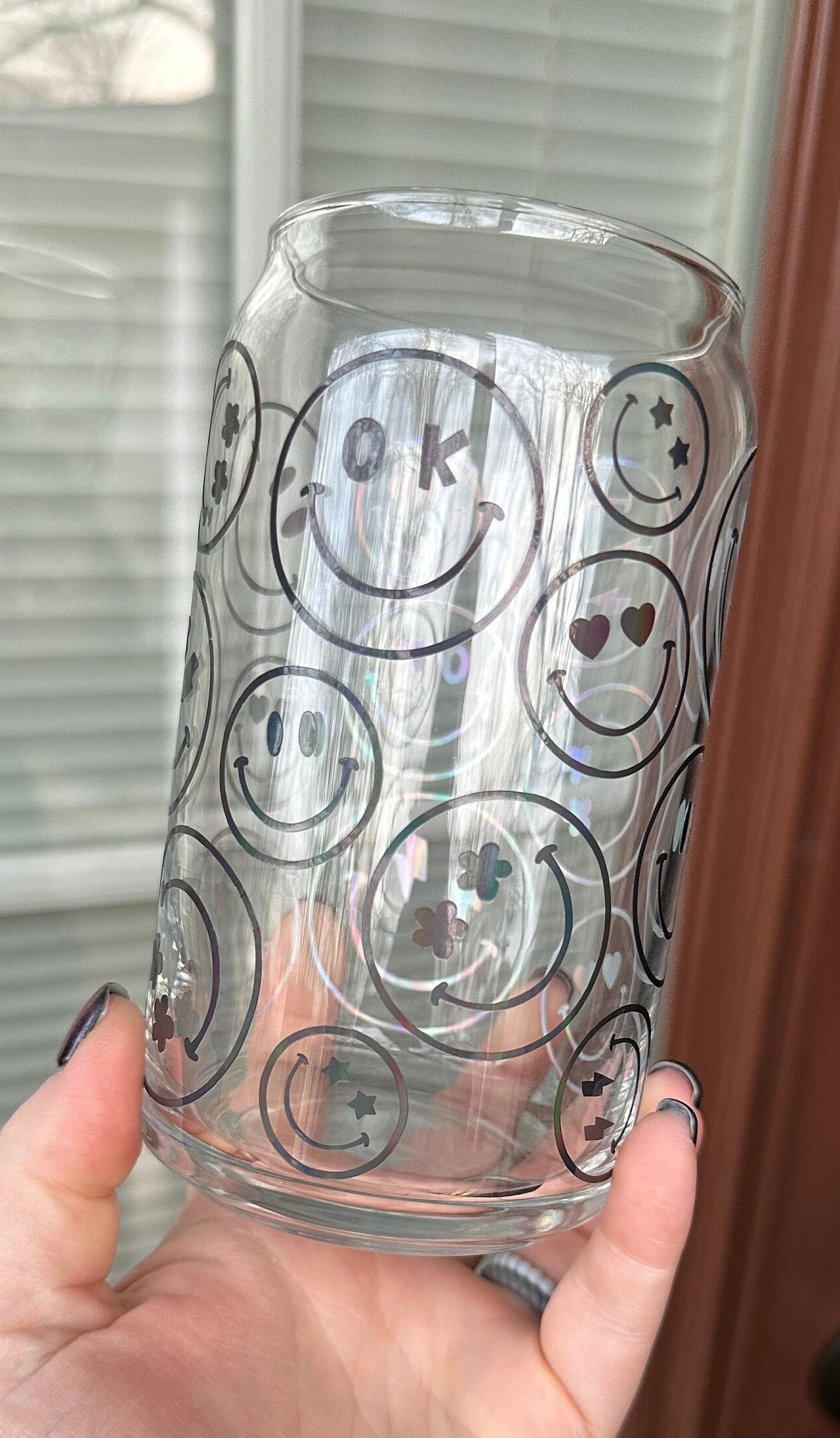 Smiley Face Cup Cute Glass Cup Holographic Smiley Cup Opal Smiley Cup ...