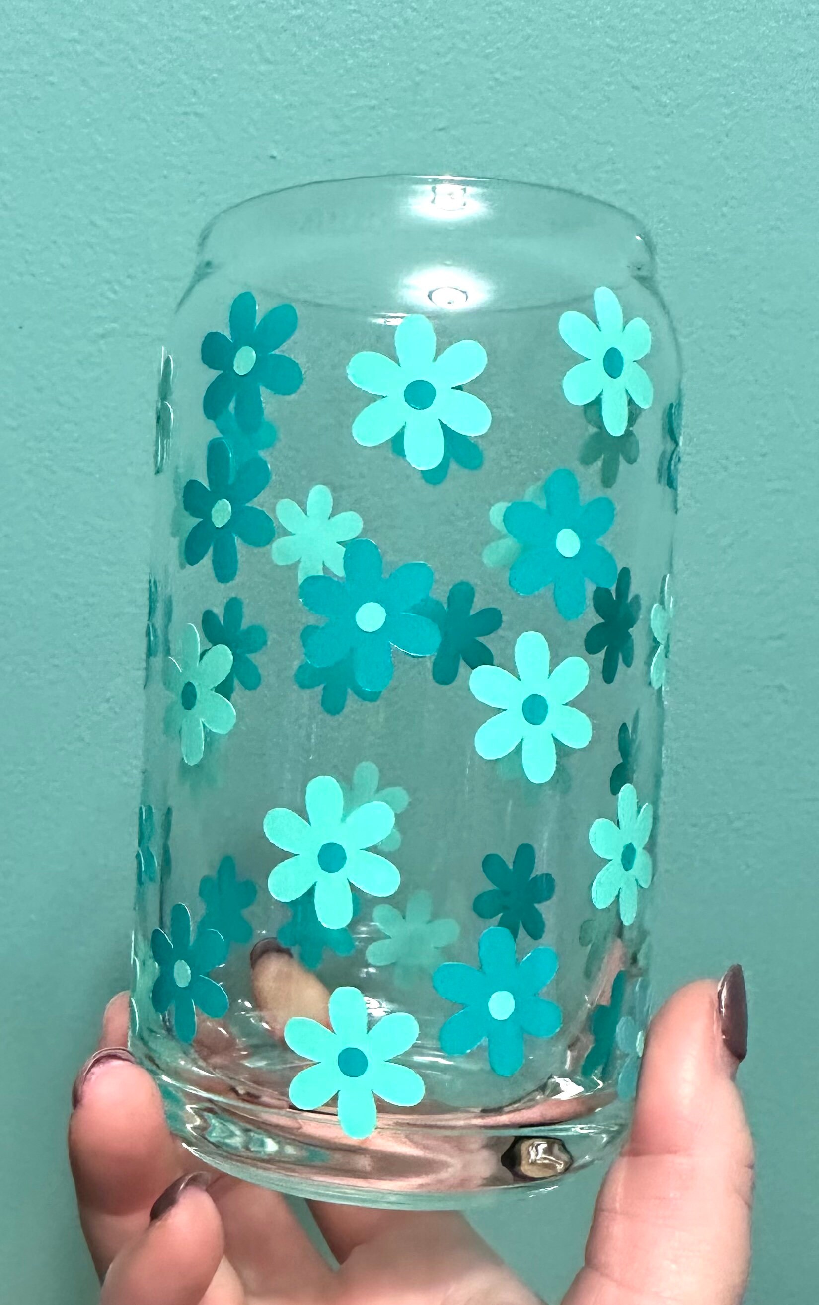 Teal Daisy Cup, Mini Daisy Glass Cup, Gift for Her, Cute Cup, Teal ...