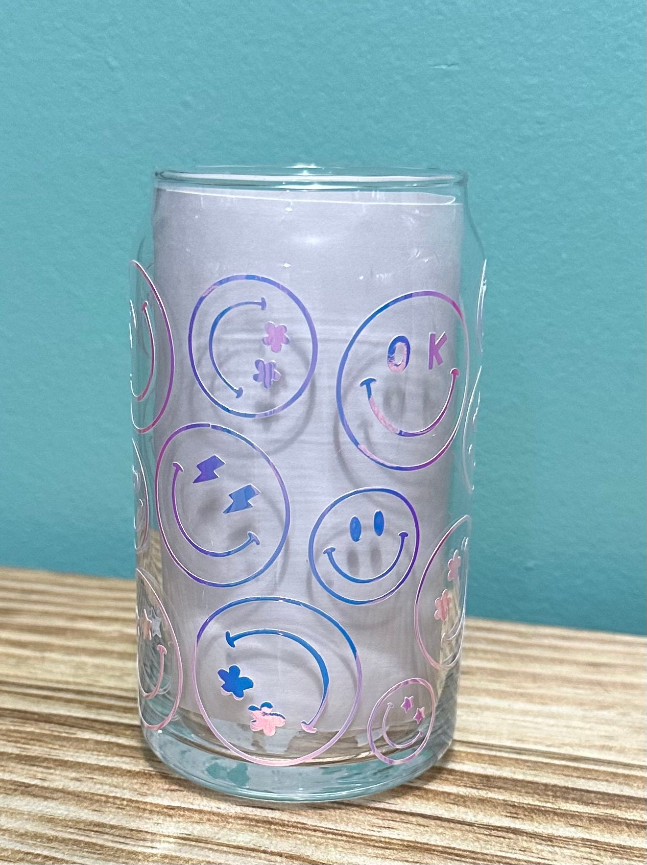 Smiley Face Cup Cute Glass Cup Holographic Smiley Cup Opal Smiley Cup ...
