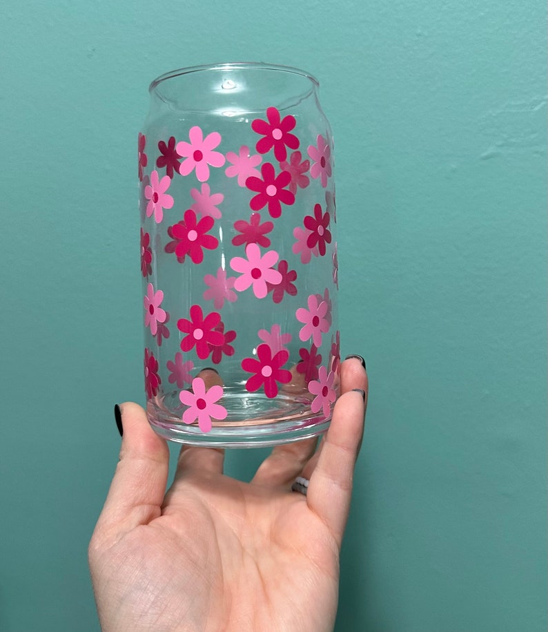 Pink Daisy Glass Cup, Mini Daisy Cup, Summer Glass Cup, Can Glass Cup ...