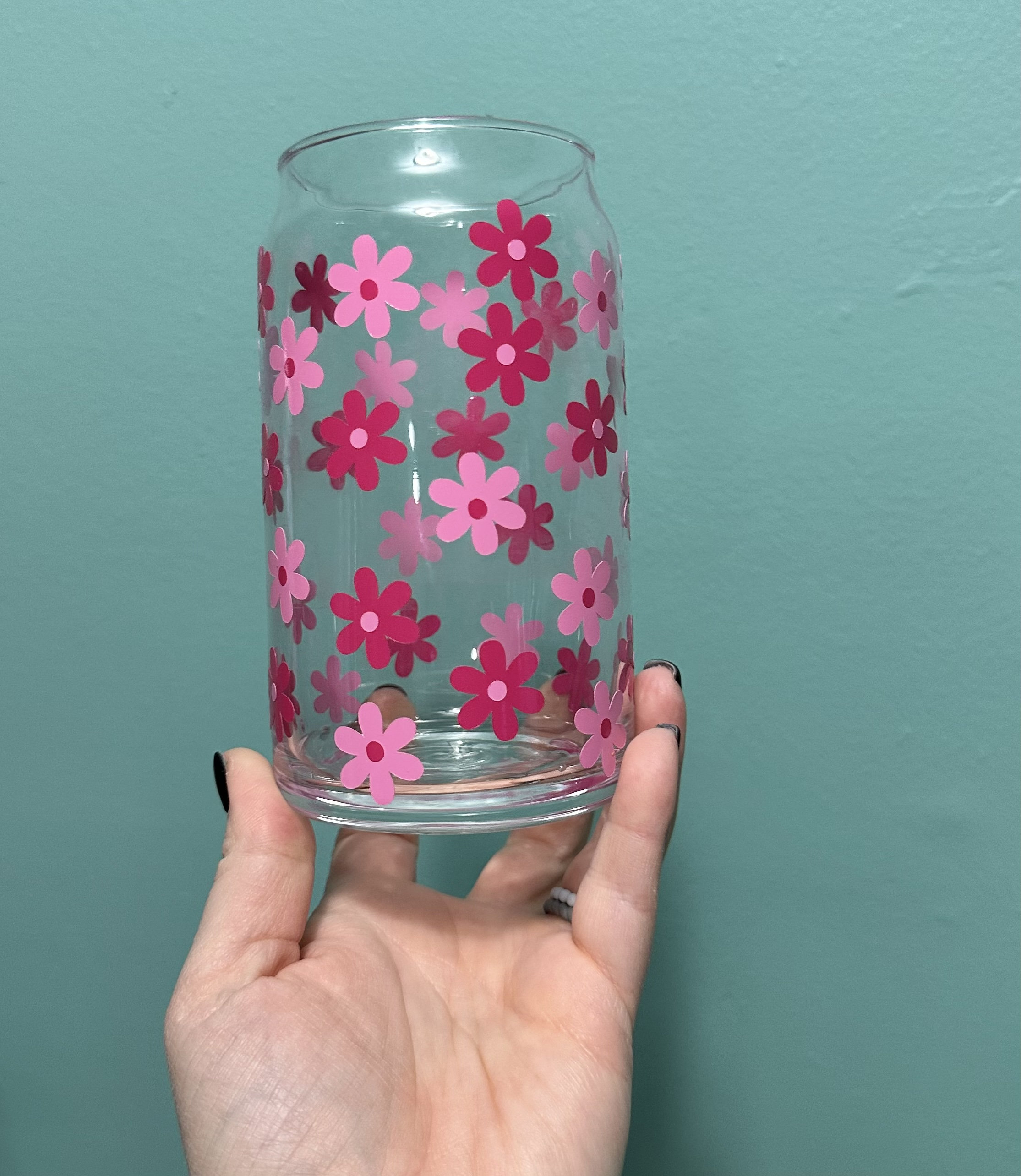 Pink Daisy Glass Cup, Mini Daisy Cup, Summer Glass Cup, Can Glass Cup ...