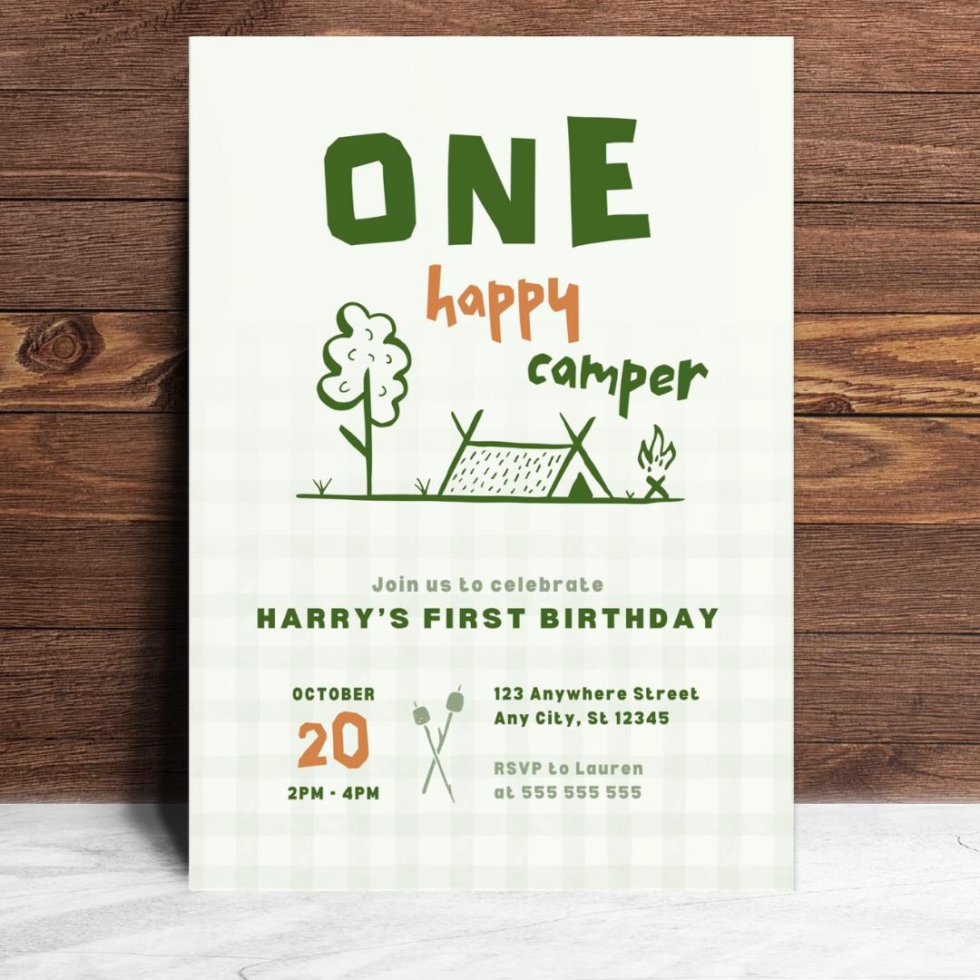 EDITABLE One Happy Camper First Birthday Party Green Invitation ...
