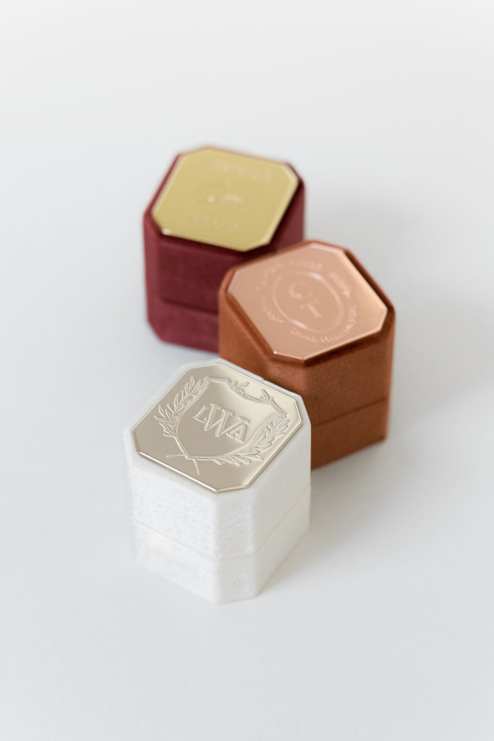 Metal Engraved Personalized Velvet Ring Box - IVORY OCTAGON - Single ...