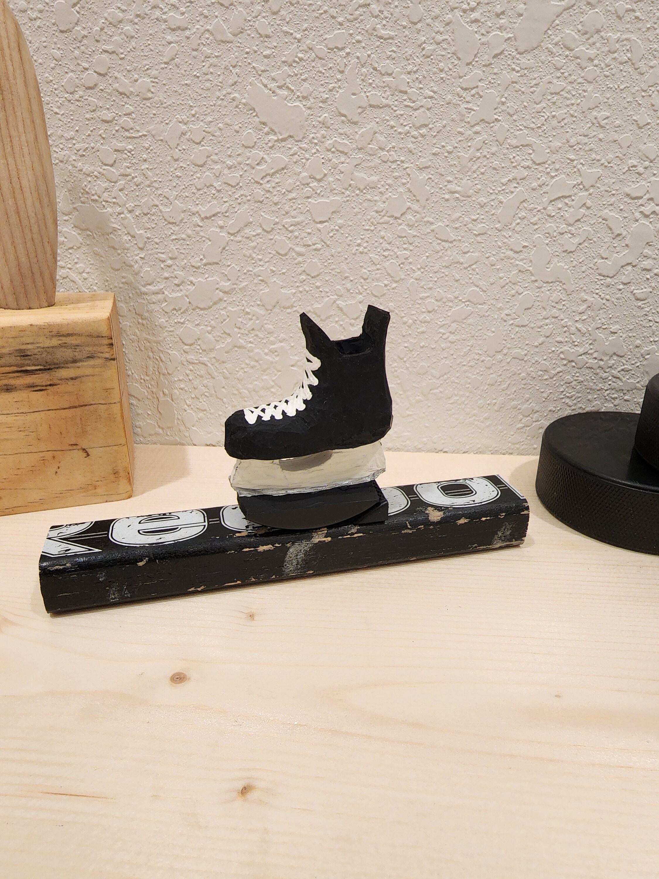 Hockey Skate Carved From a Hockey Puck With Hockey Stick Display - Etsy