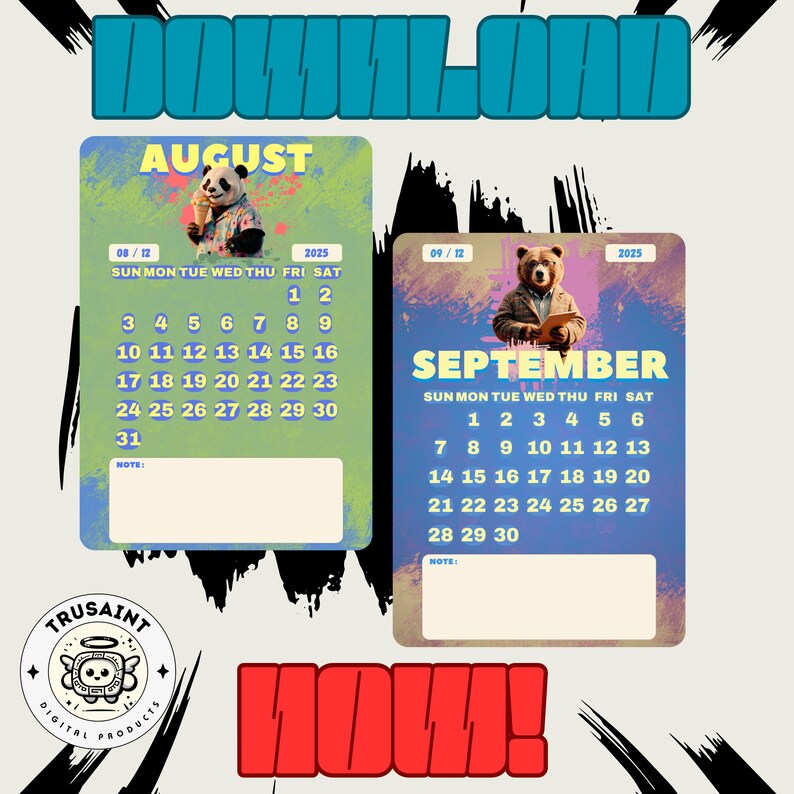 2025 Retro Bear Calendar, A4 & Letter Sizes, Printable PDF, Editable ...