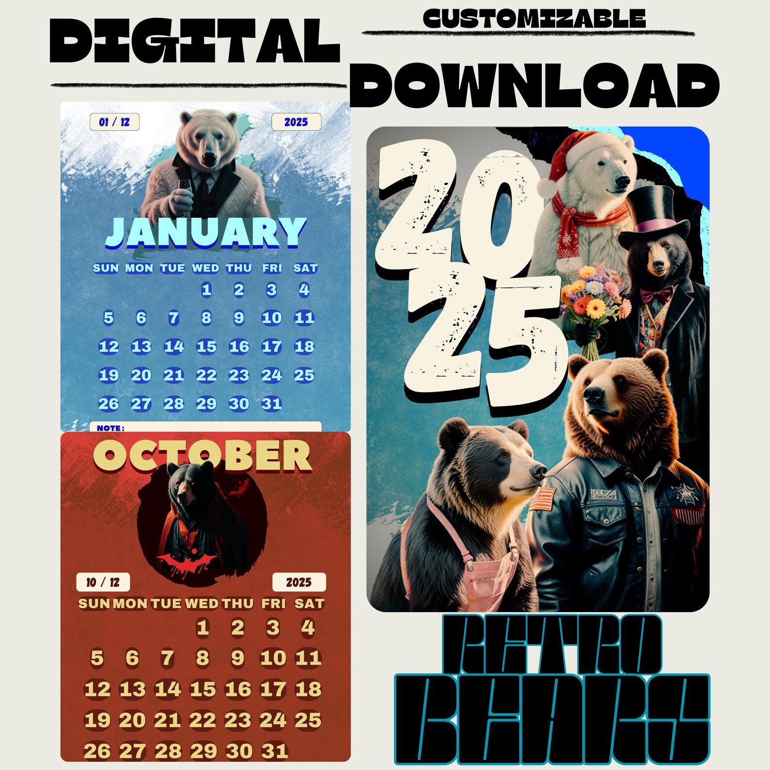 2025 Retro Bear Calendar, A4 & Letter Sizes, Printable PDF, Editable ...