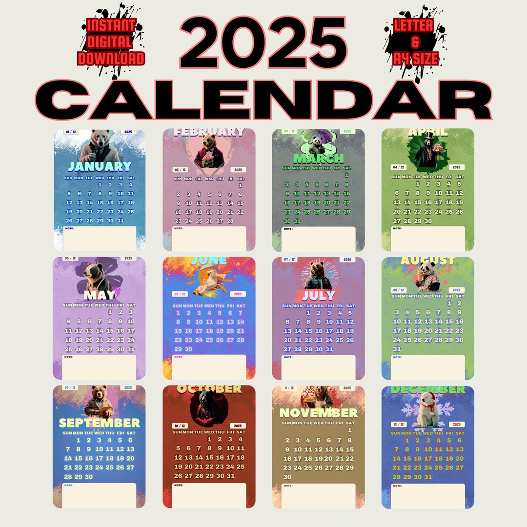 2025 Retro Bear Calendar, A4 & Letter Sizes, Printable PDF, Editable ...