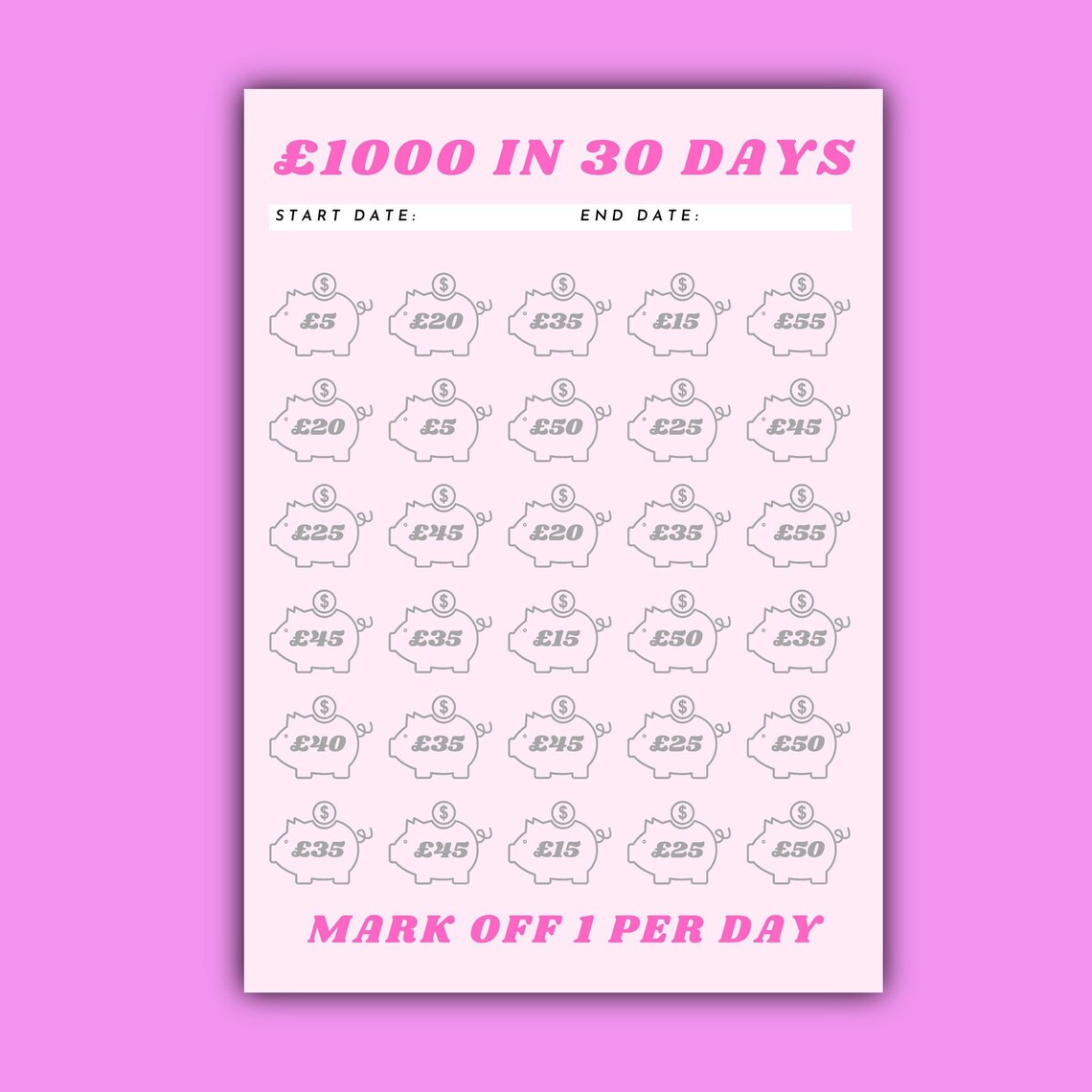 1K in 30 Days ~ Money Saving Challenge ~ Printable ~ Save 1000 GBP in ...