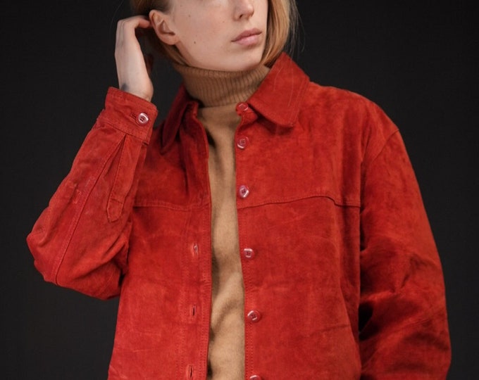 Red Suede Leather Shirt Vintage | Vintage Red Leather Jacket 90s - Etsy