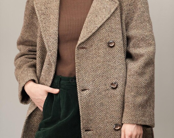 Classic Men's Herringbone Tweed Wool Coat Vintage Double-breasted ...