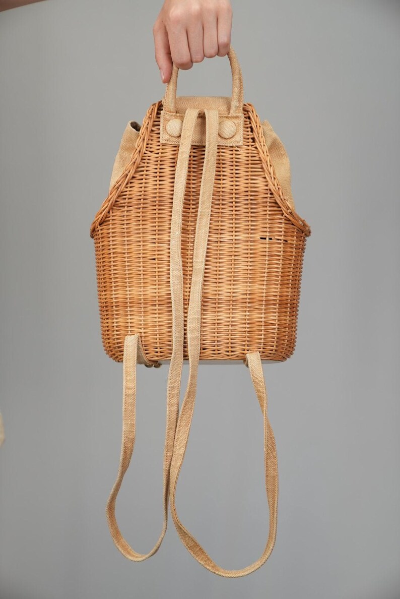 70s Italian Woven Rattan Backpack With Linen Flap Closure | Vintage ...