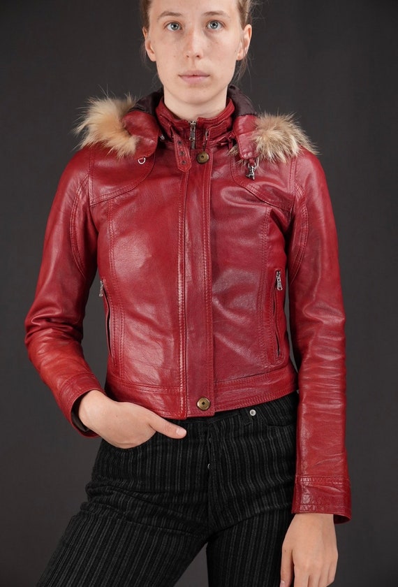 Cherry Red Cropped Leather Jacket with Hood and Fur T… - Gem