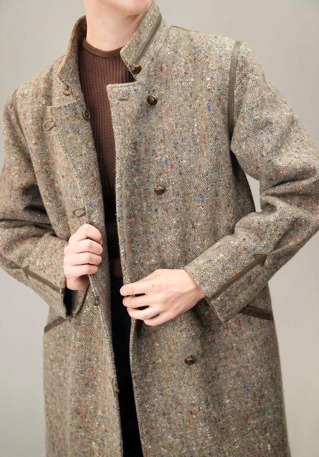Unique 70s Tweed Coat With Leather Elements | Colorful Speckled Vintage ...