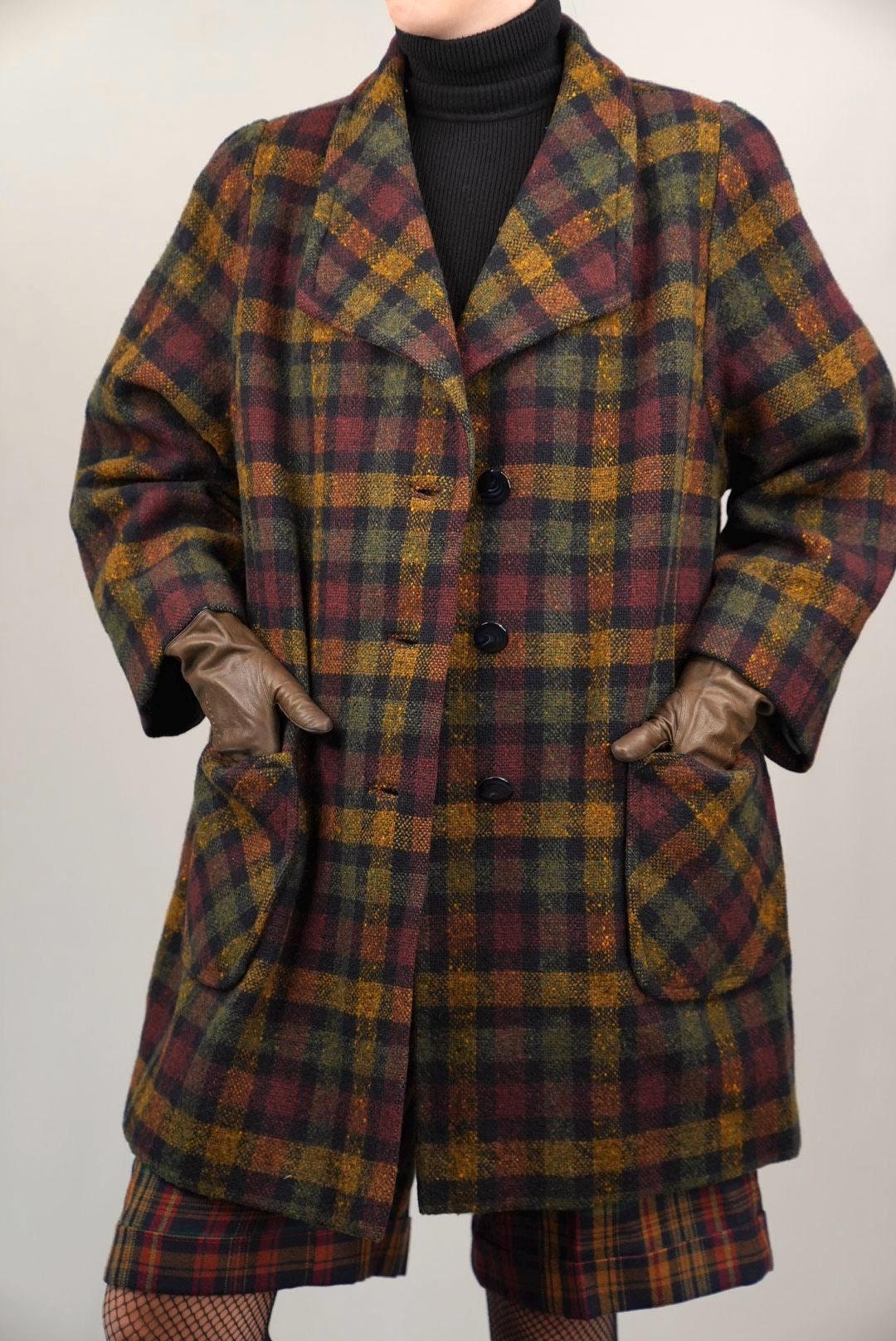 Plaid Vintage Wool Coat Women's in Autumn Tones | 1980s Checkered Wool ...
