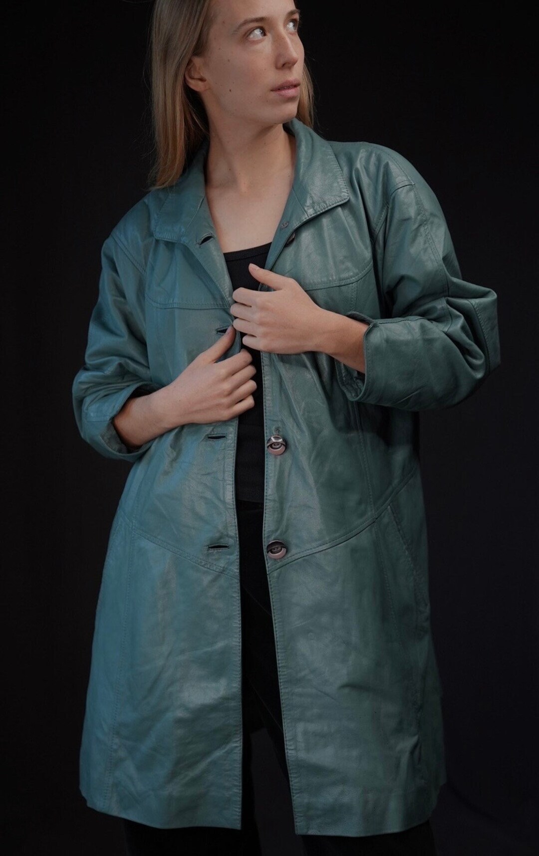 Vintage Bell-shaped Leather Coat in Turquoise Blue Women's Vintage ...