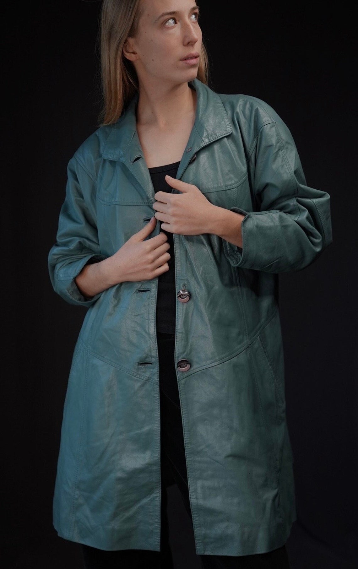 Vintage Bell-shaped Leather Coat in Turquoise Blue - Etsy